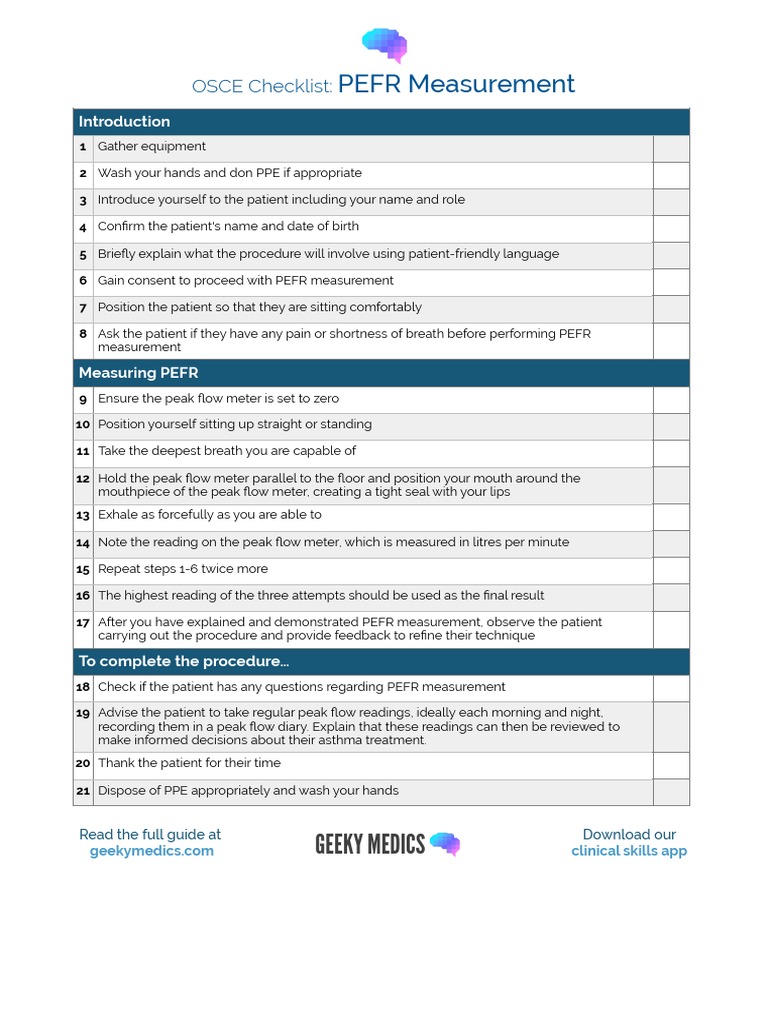 OSCE Checklist Peak Expiratory Flow Rate PEFR Measurement | PDF