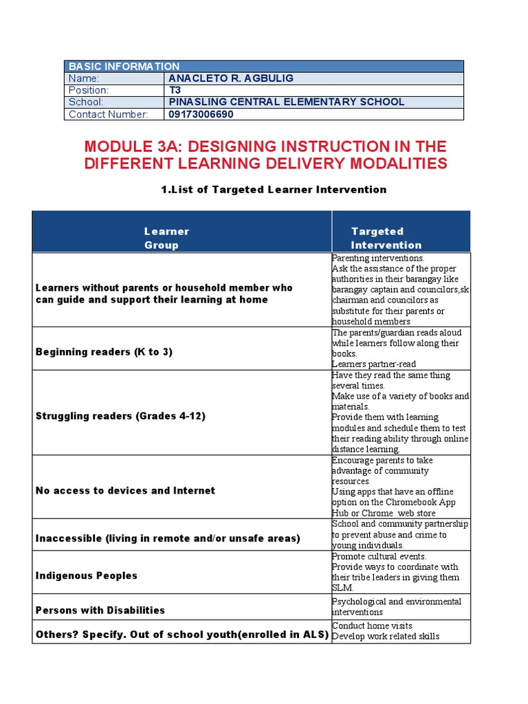 Module 3A: Designing Instruction in The Different Learning Delivery ...