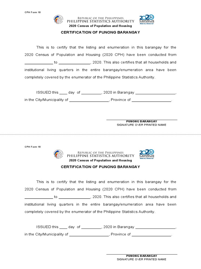 CPH Form 16 Certification of Punong Barangay | PDF