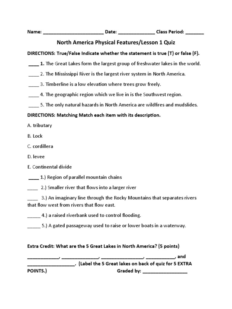 North America Physical Features Lesson 1 QUIZ | PDF