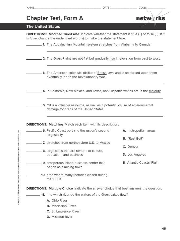 Chapter Test, Form A: The United States | PDF | Texas | The United States