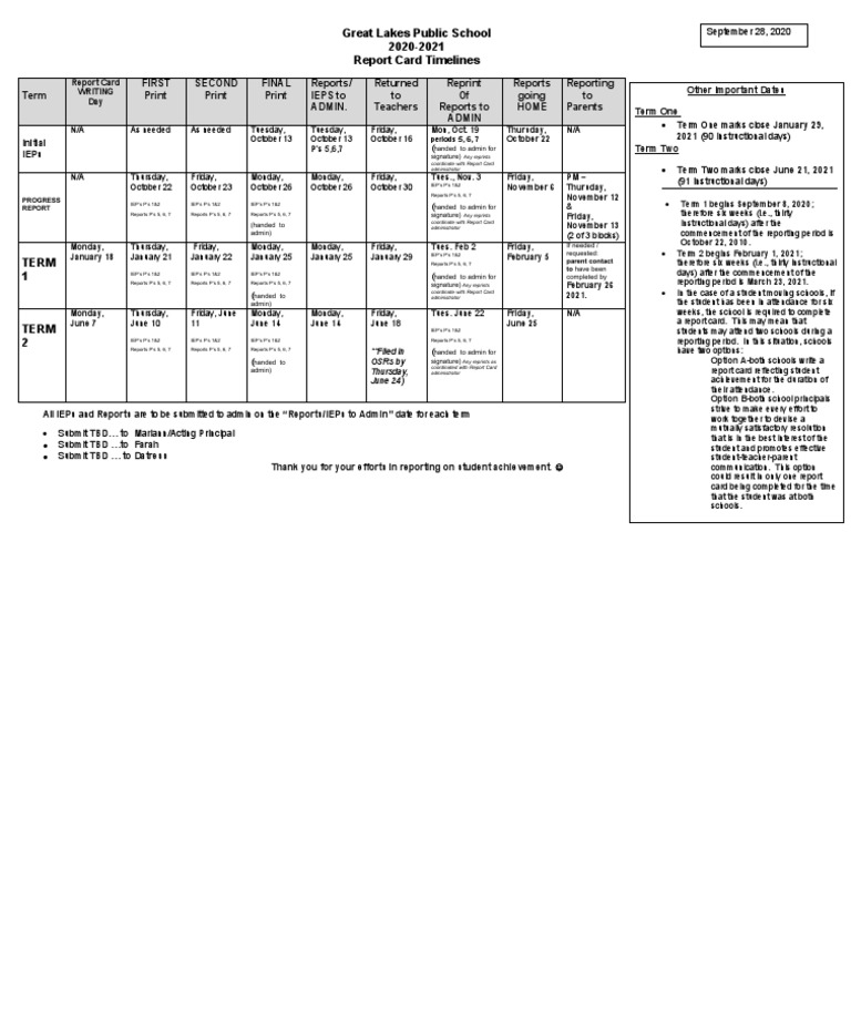 Great Lakes Public School 2020-2021 Report Card Timelines | PDF