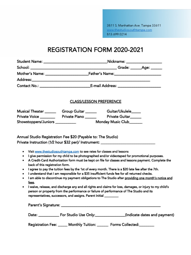 Tampa Music Studio Registration Form | PDF