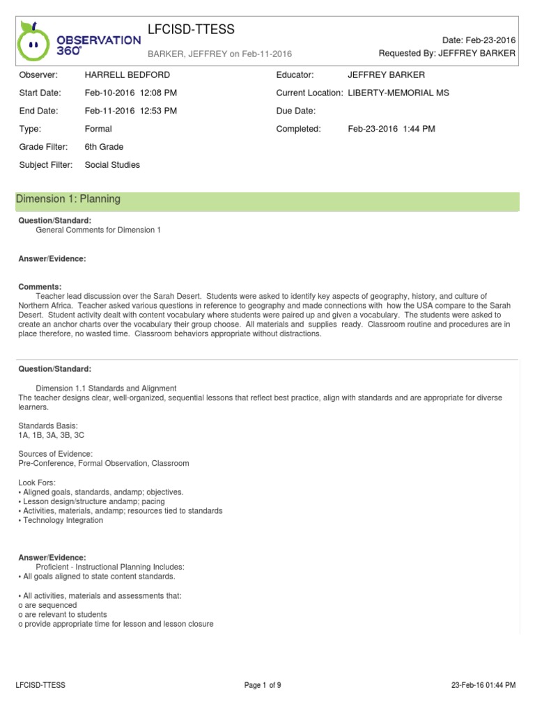 Lfcisd-Ttess: Dimension 1: Planning | PDF | Educational Assessment ...