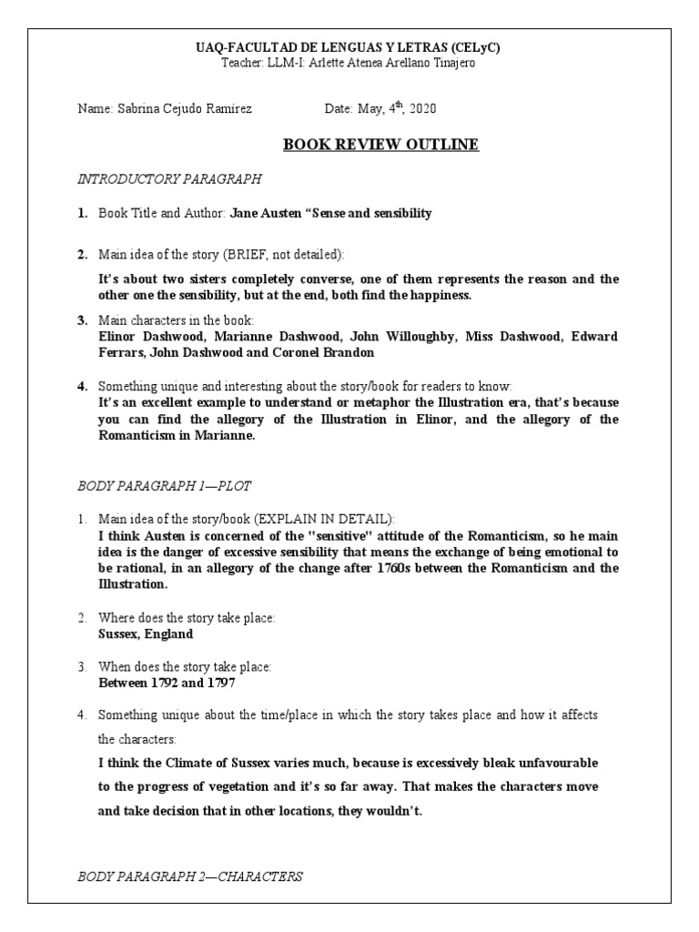 BOOK REVIEW Outline | PDF | Elinor Dashwood | Courtship