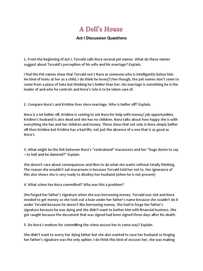 A Doll's House: Act I Discussion Questions | PDF | A Doll's House