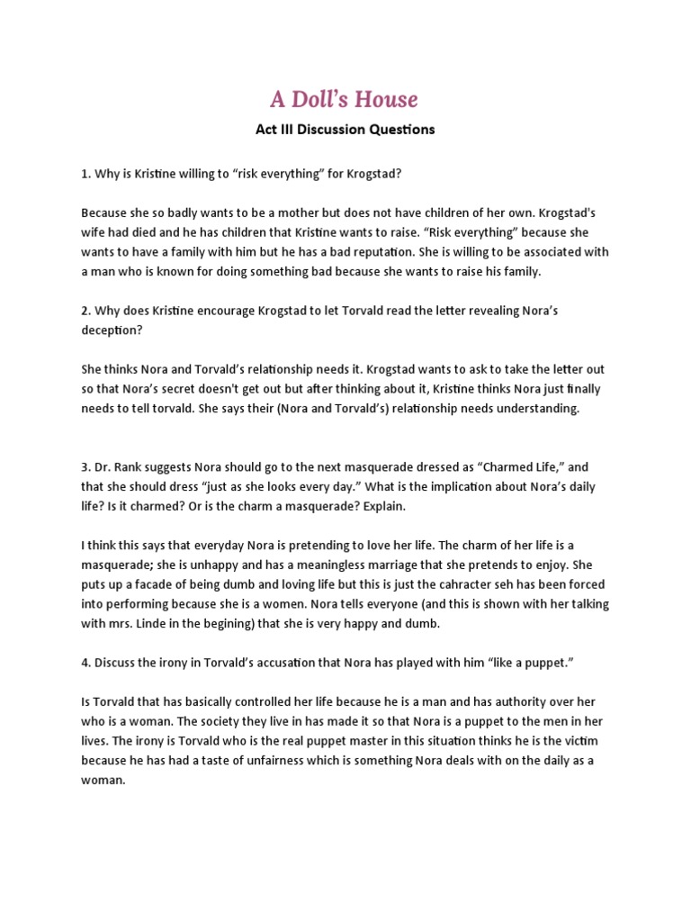 A Doll's House: Act III Discussion Questions | PDF | A Doll's House