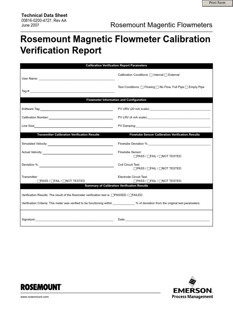 Technical Data Sheet Rosemount Magnetic Flowmeter Calibration ...