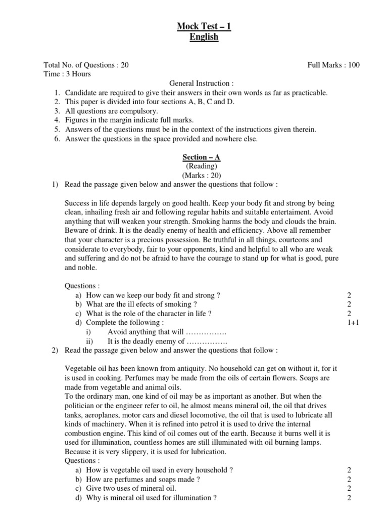 English Mock Test Paper | PDF | Oil | Engines