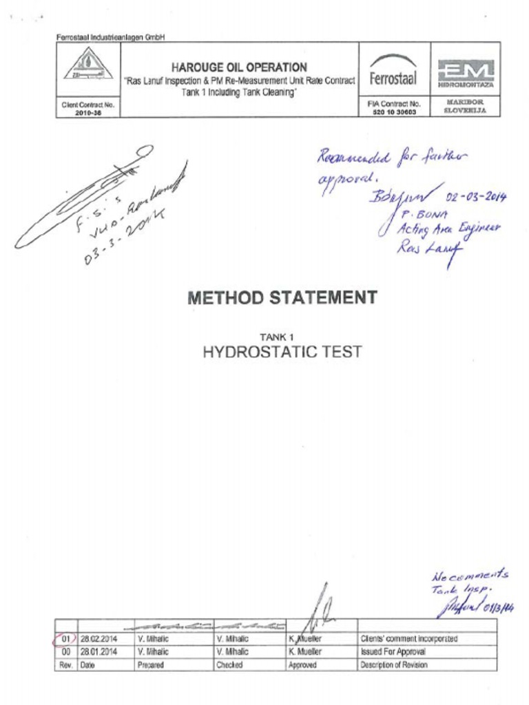Method of Statement Tank 1 Hydrostatic Test | PDF