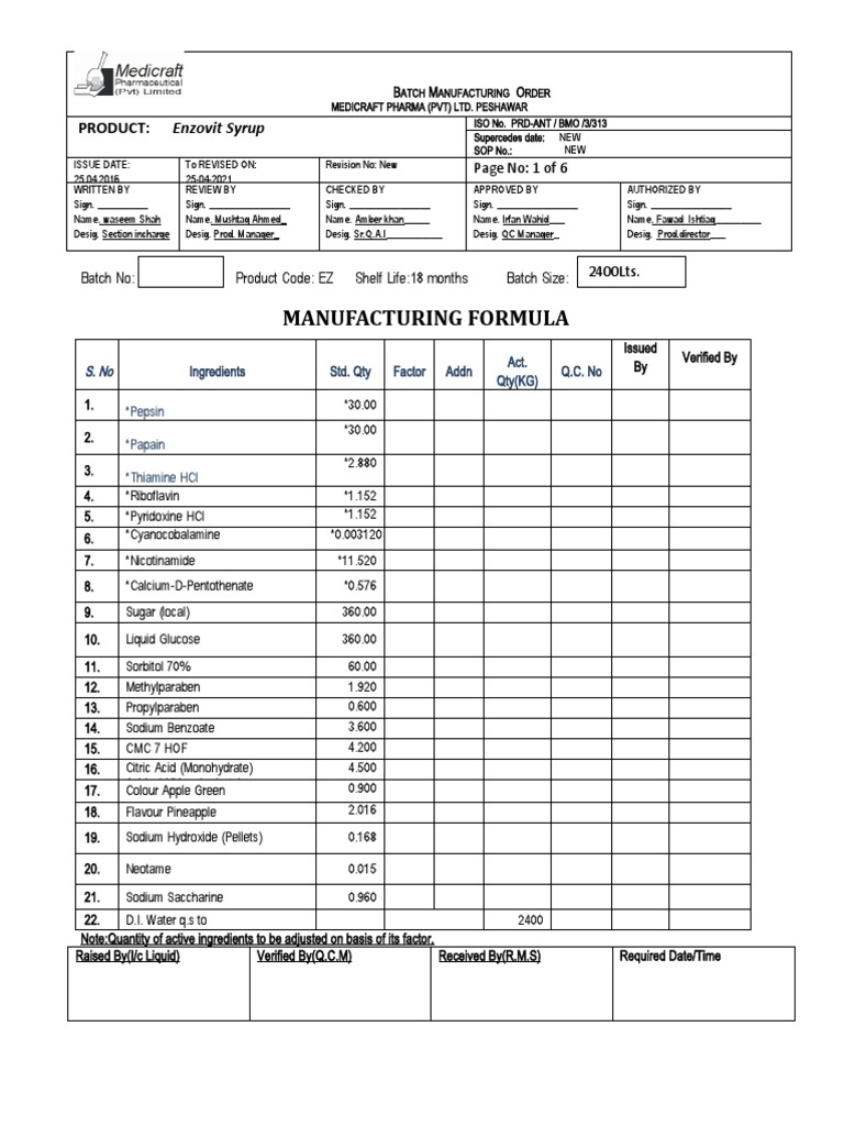 Manufacturing Formula: PRODUCT: Enzovit Syrup | PDF | Chemical ...