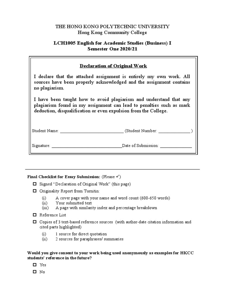 LCH1005 Declaration of Original Work | PDF