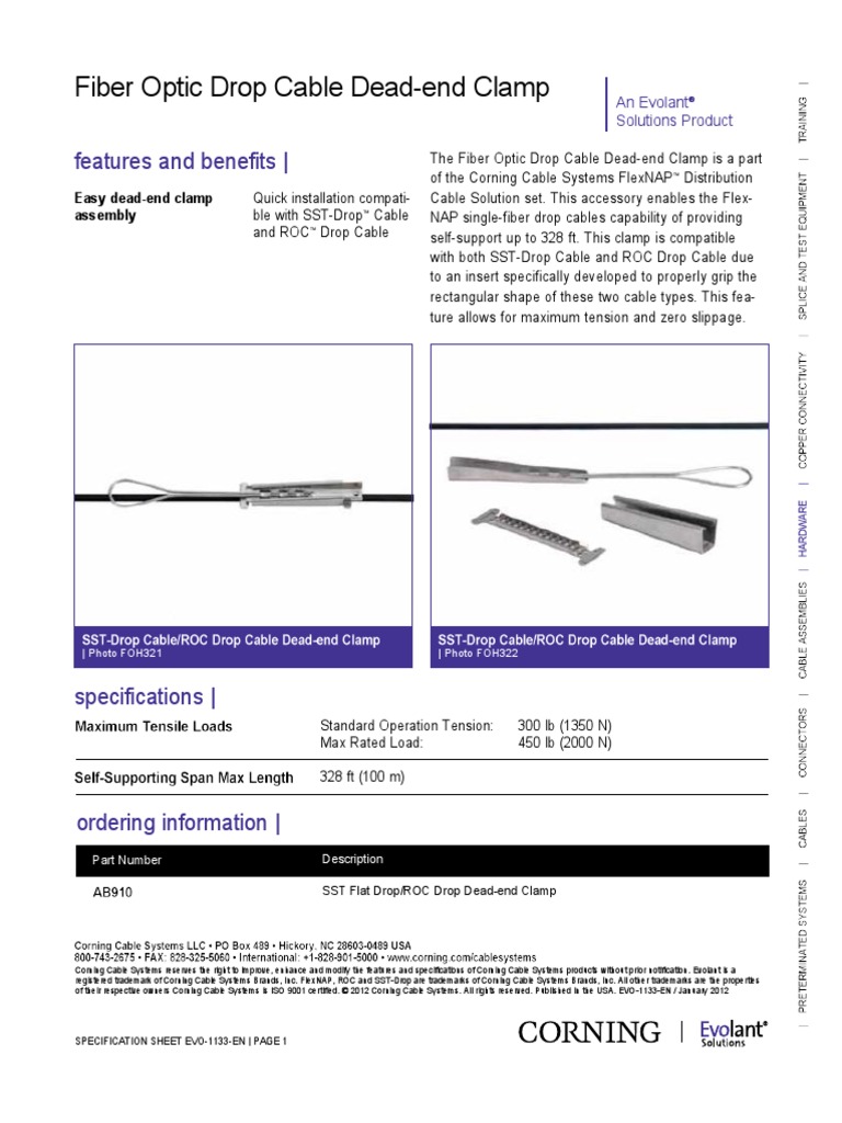 Fiber Optic Drop Cable Dead-End Clamp - EVO-1133-EN | PDF | Equipment ...