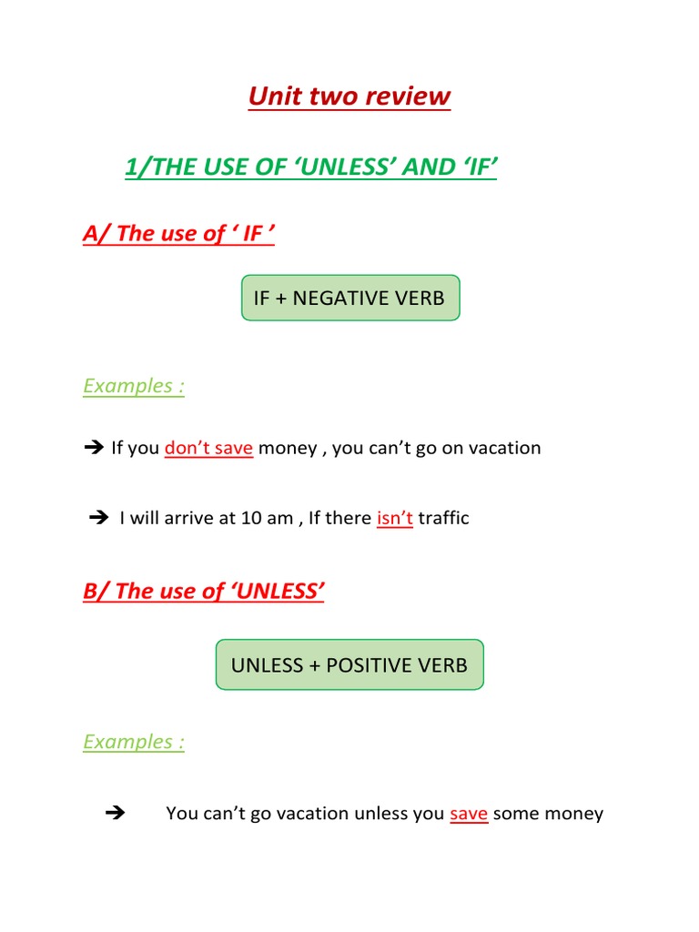 Unit Two Review: 1/the Use of Unless' and If' | PDF | Adjective | Noun
