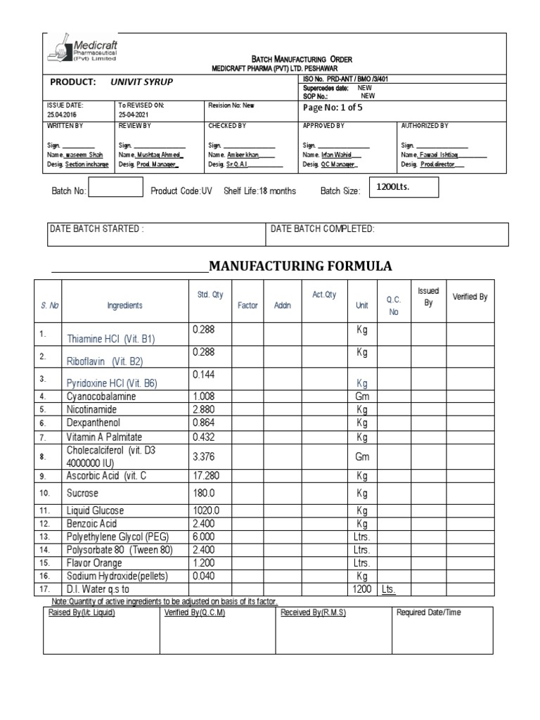 Manufacturing Formula: Product: Univit Syrup | Download Free PDF ...