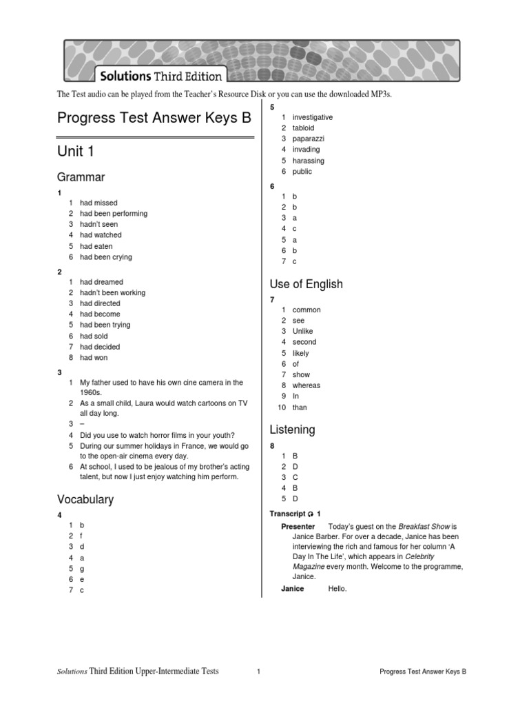 Progress Test Answer Keys B Unit 1: Grammar | Download Free PDF ...
