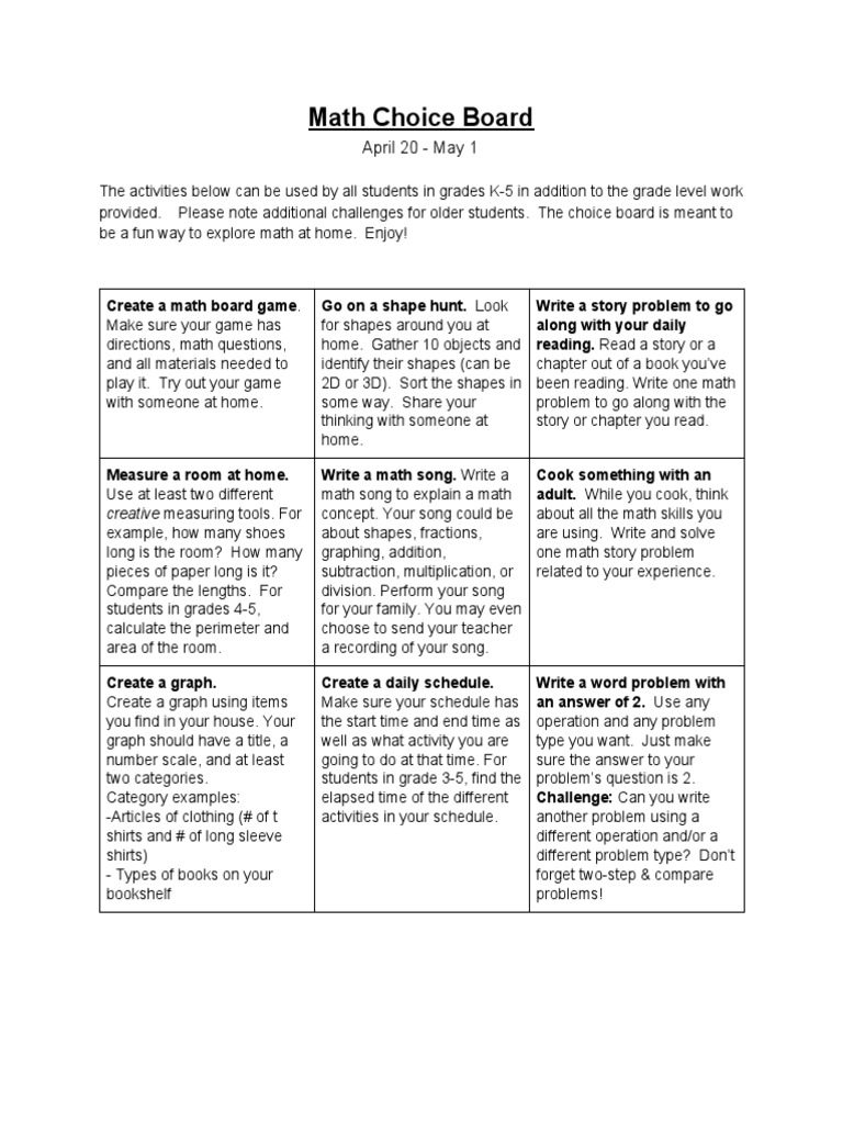 1st Grade Math Choice Board | PDF | Teaching Mathematics | Cognition