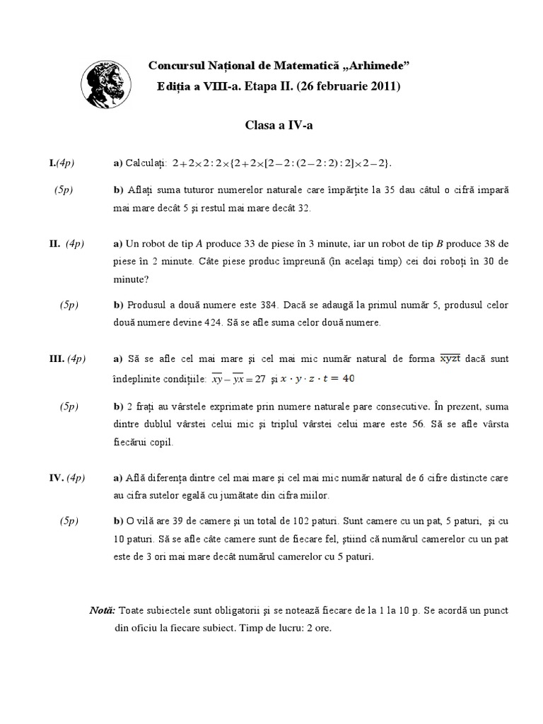 2011 - Matematica - Concursul 'Arhimede' (Etapa II) - Clasa A IV-a - Subiecte | PDF
