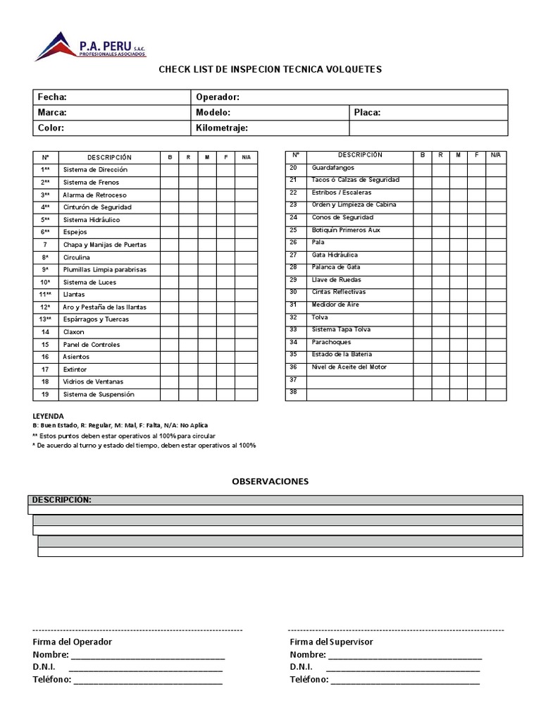 Inspección Técnica de Volquetes: Checklist | PDF | Estilos de ...