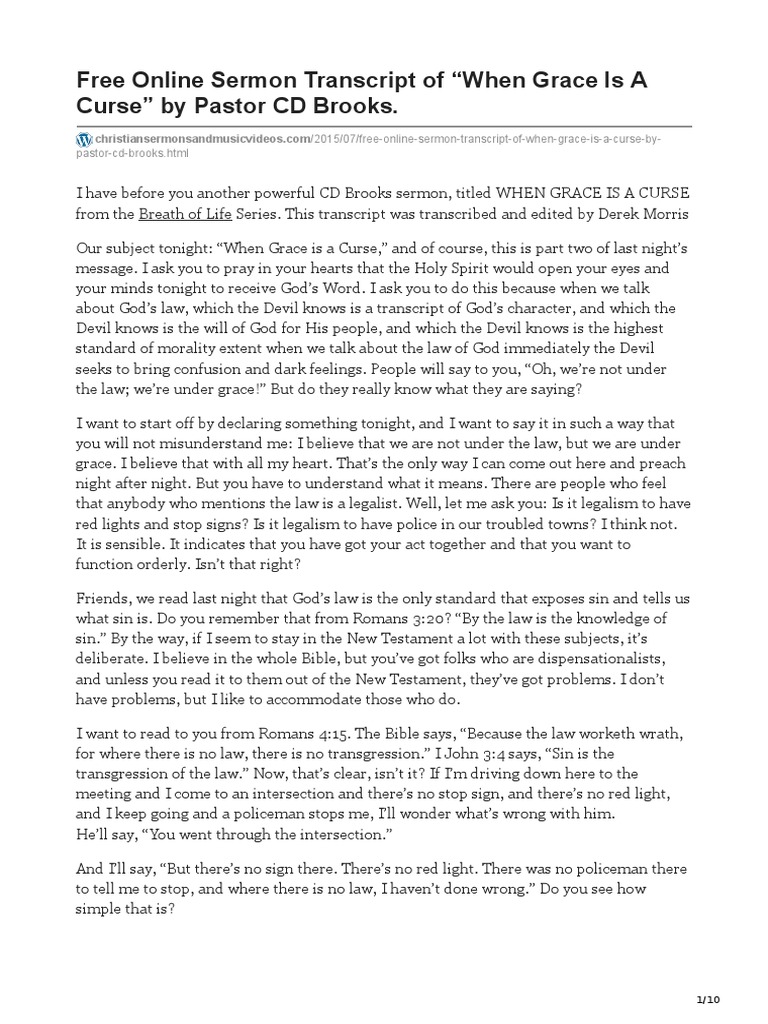 CD Brooks Sermon Transcript: When Grace Is A Curse | PDF | Grace In ...