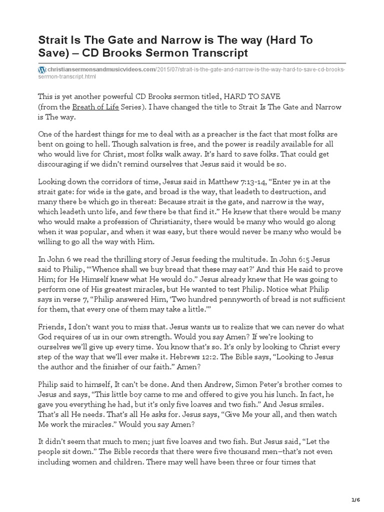 Strait Is The Gate and Narrow Is The Way - CD Brooks | PDF | Eternal ...