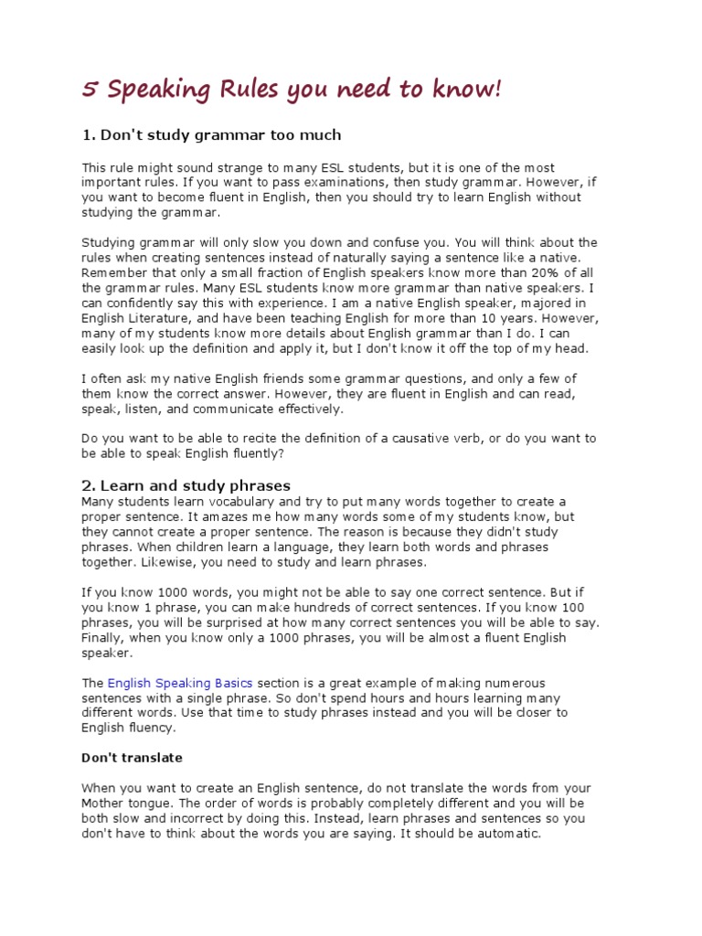Essential Rules for Fluent English Speaking | PDF | Fluency | English ...