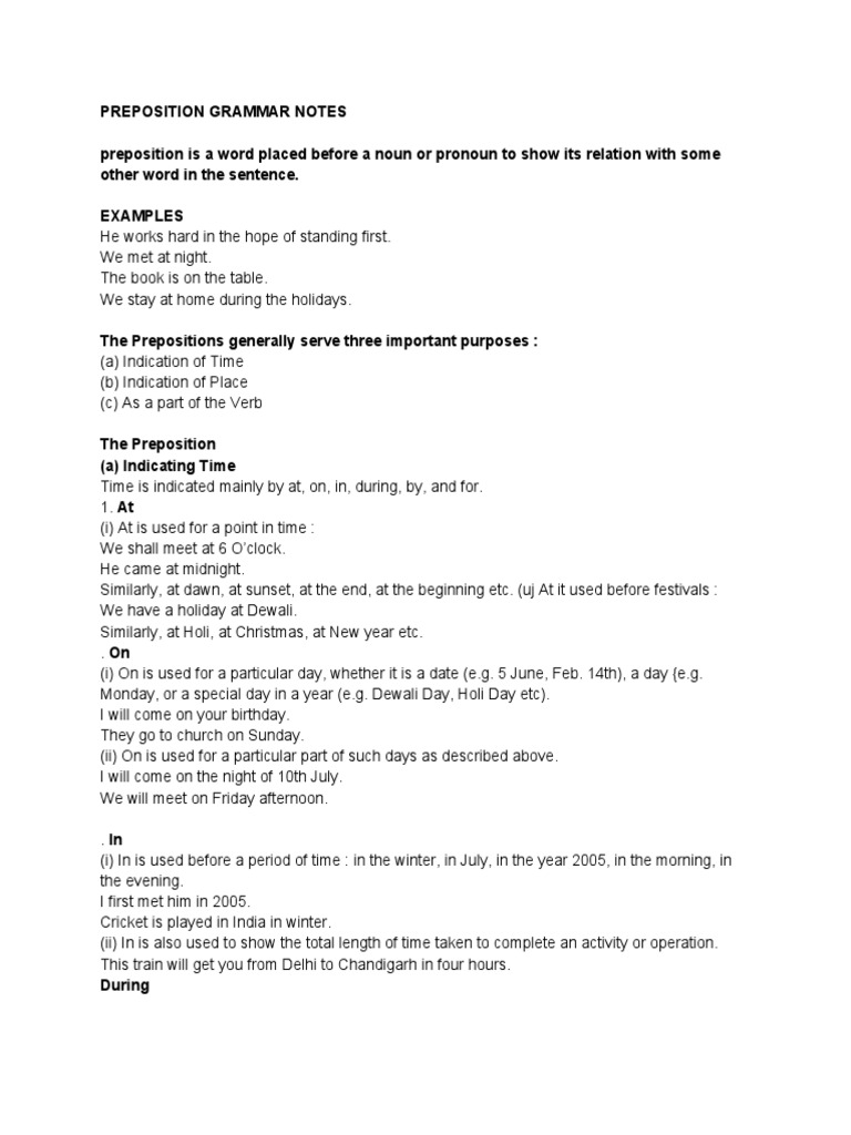 Preposition Grammar Notes | PDF | Preposition And Postposition ...