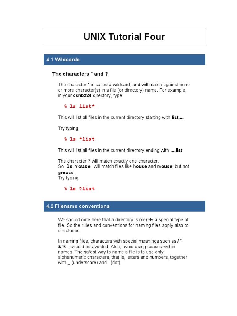 UNIX Tutorial Four: 4.1 Wildcards | PDF | Filename | Computer File