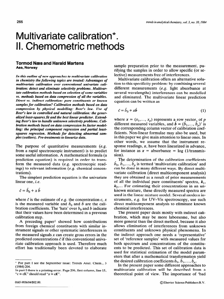 Multivariate Calibration . II. Chemometric Methods: Tormod Naes and ...