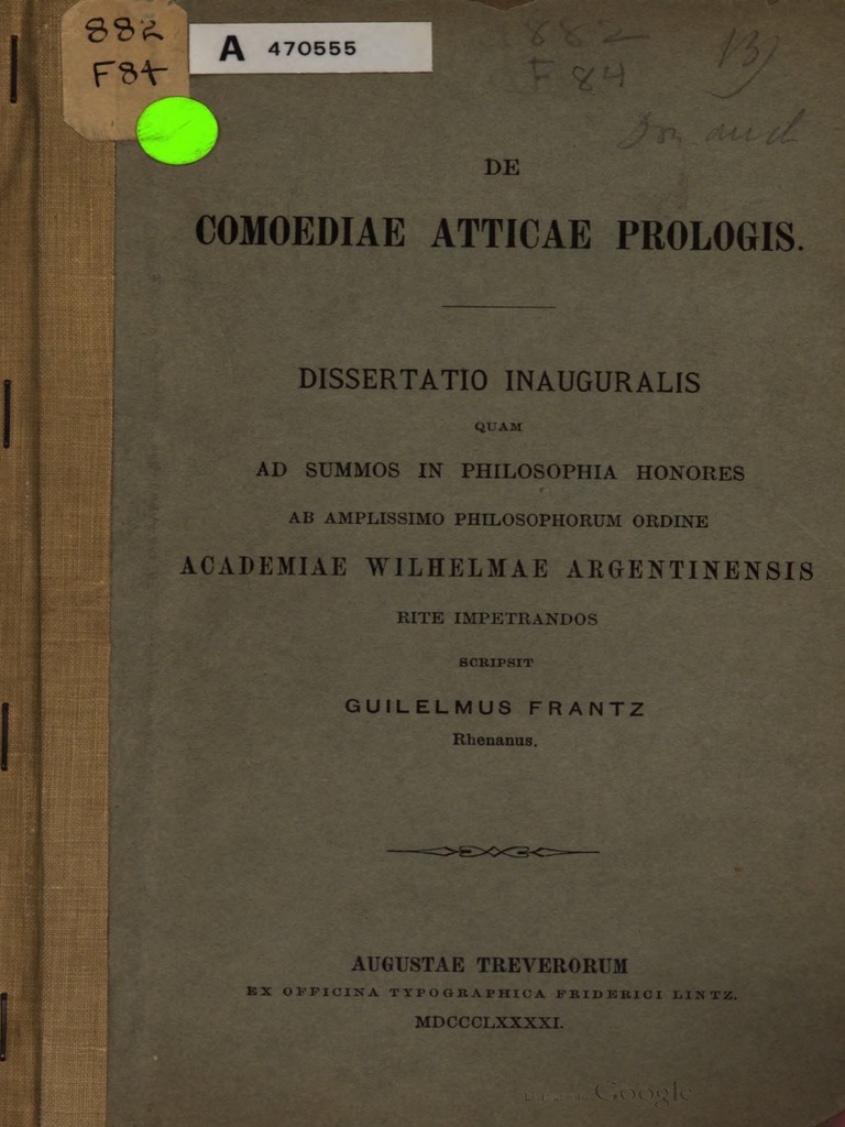 Wilhelm Frantz, de Comoediae Atticae Prologis | PDF