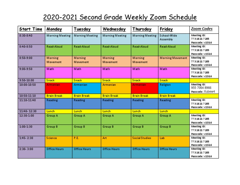 Second Grade Weekly Zoom Schedule | PDF