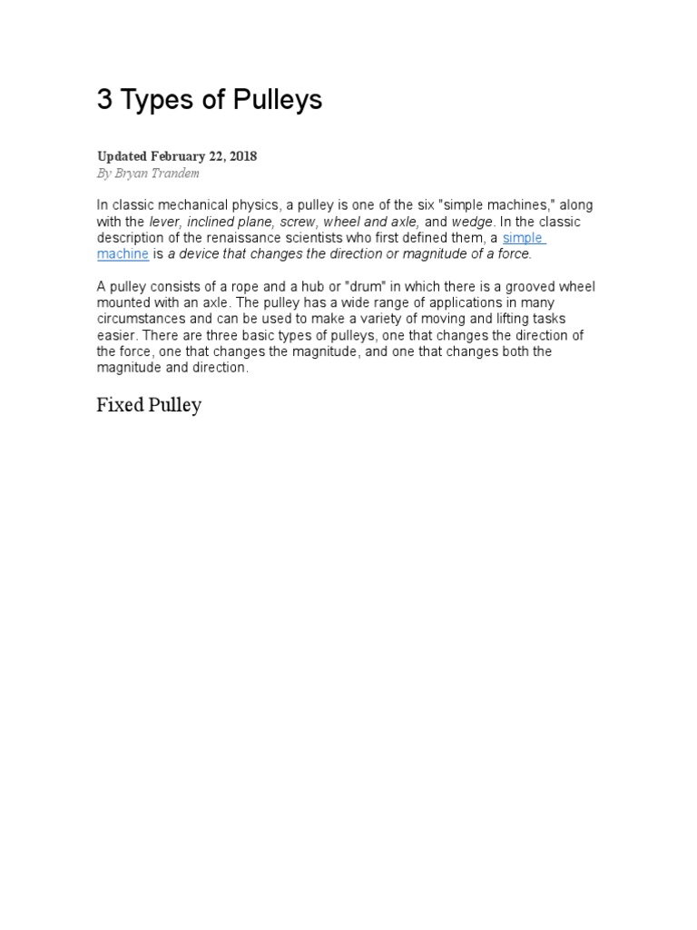 3 Types of Pulleys | PDF | Machines | Force