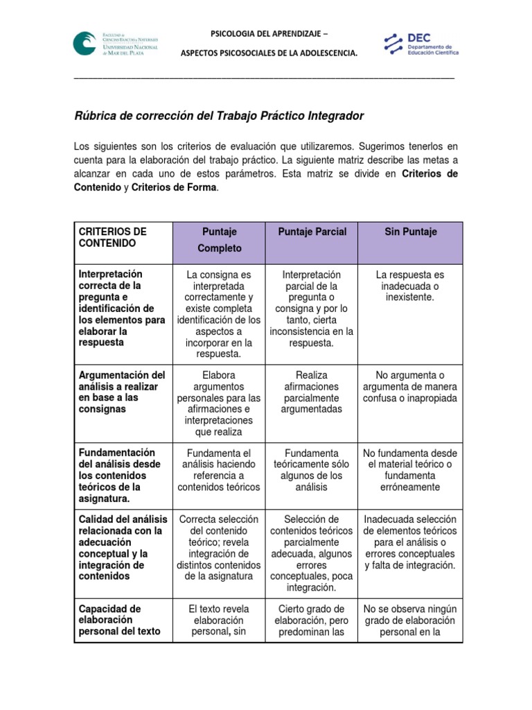 Rúbrica de Corrección Del Trabajo Práctico Integrador 2020 | Descargar ...