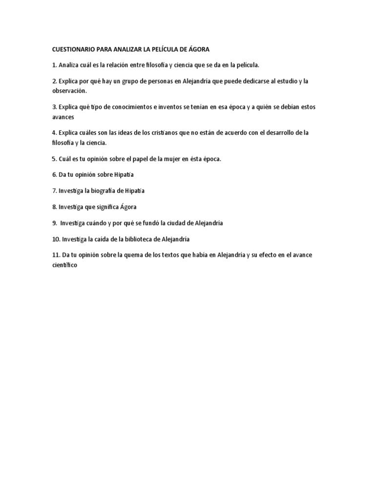 Cuestionario para Analizar La Película de Ágora | PDF