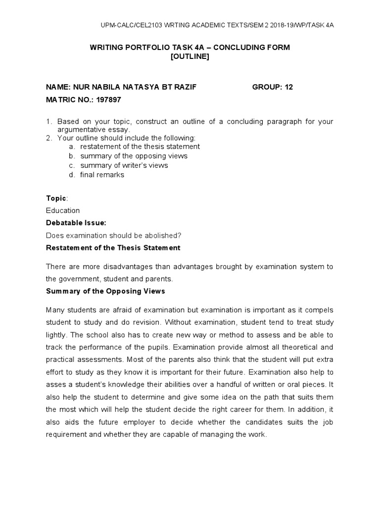 Writing Portfolio Task 4A - Concluding Form (Outline) : Does Examination Should Be Abolished ...