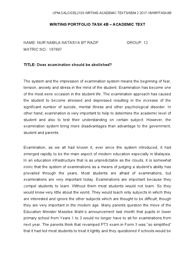 Writing Portfolio Task 4b Academic Text Does Examination Should Be