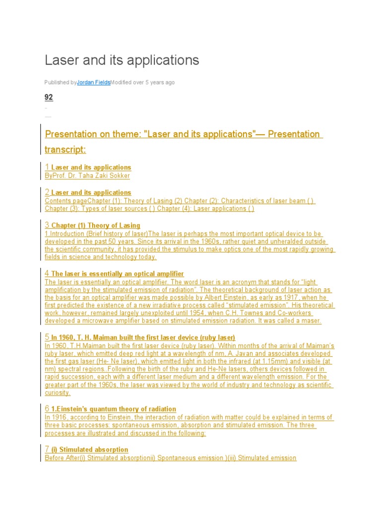 Laser and Its Applications | PDF | Laser | Electromagnetic Radiation