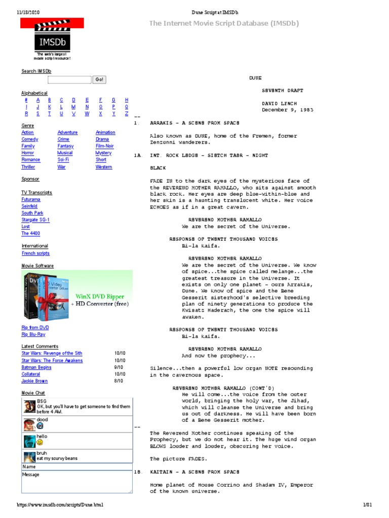 Dune Script at IMSDb | PDF | Dune (Franchise) | Dune (Novel)