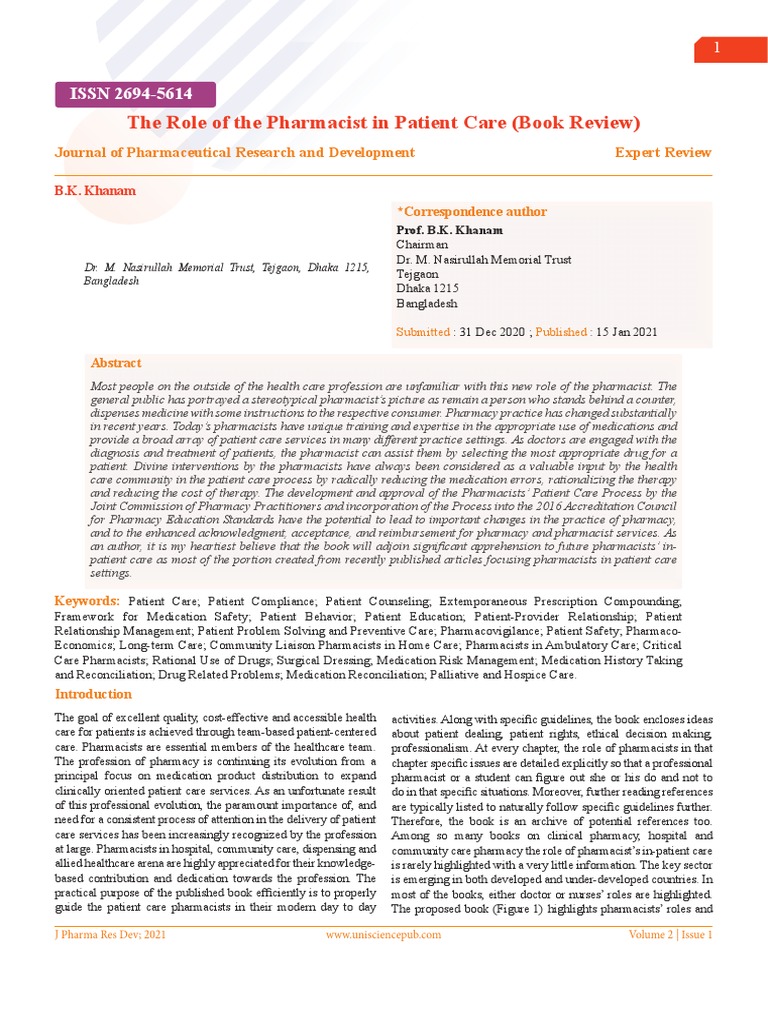The Role of The Pharmacist in Patient Care (Book Review) | PDF ...