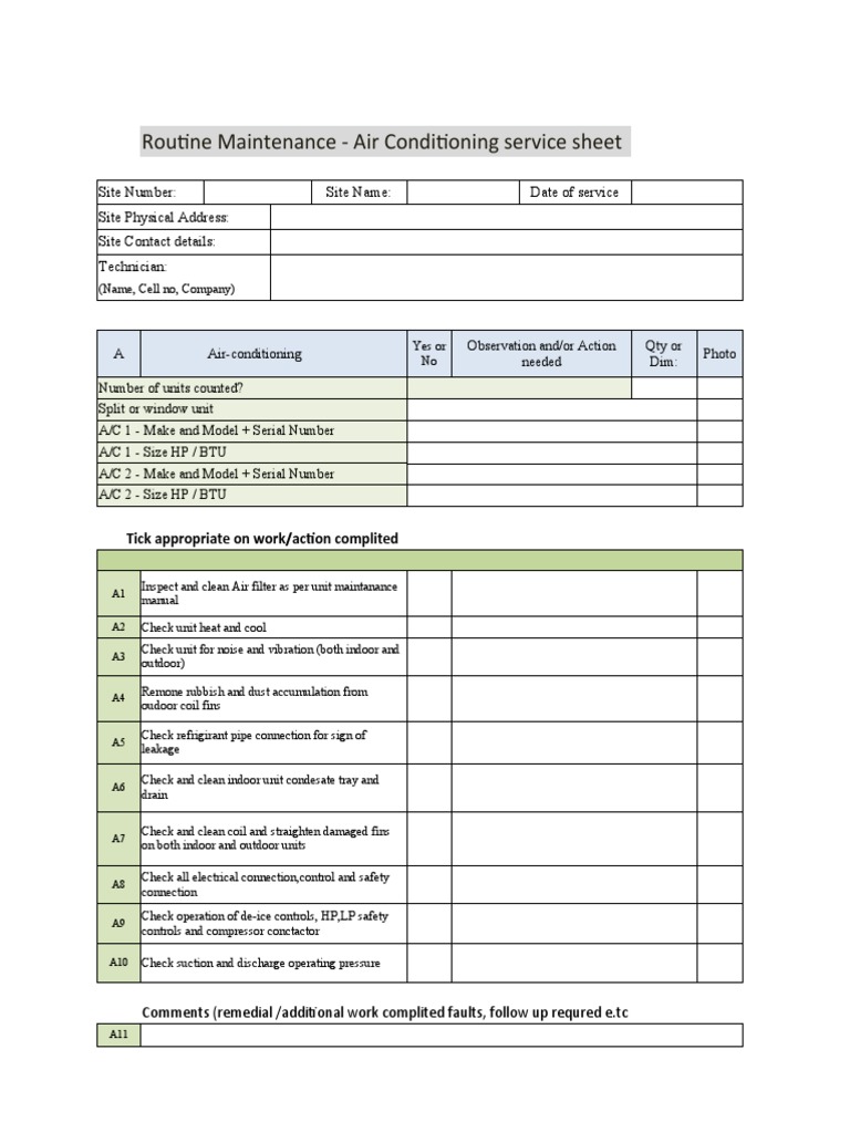 Routine Maintenance - Air Conditioning Service Sheet: Tick Appropriate ...