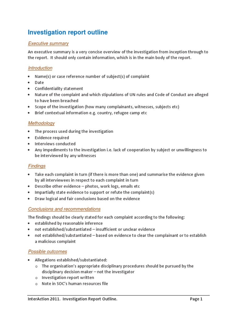 Investigation Report Outline: Executive Summary | PDF | Complaint ...