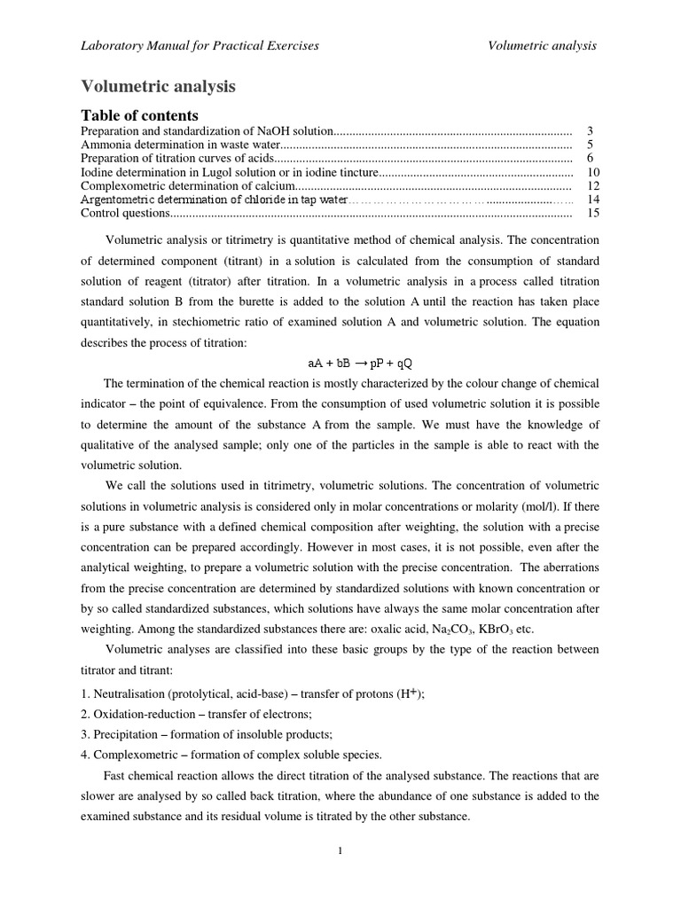 Volumetric Analysis Laboratory Manual | PDF | Titration | Chemistry
