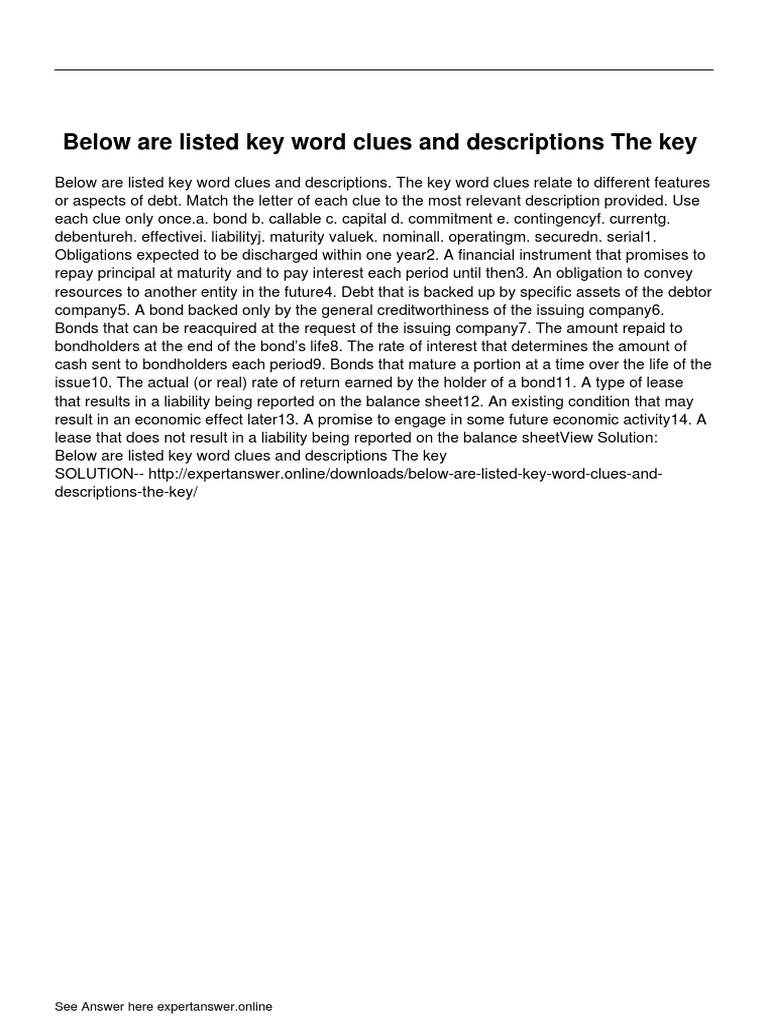 Below Are Listed Key Word Clues and Descriptions The Key | PDF