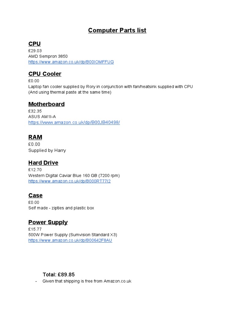 Computer Parts List for Build | PDF