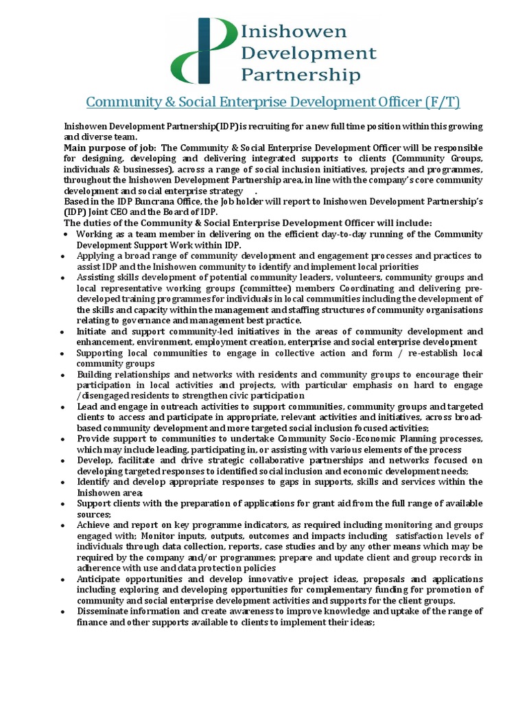 Community & Social Enterprise Development Officer (F/T) | PDF | Social ...