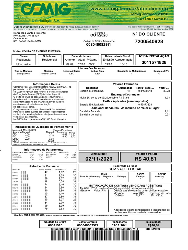 Fatura Cemig | PDF | Brasil | Eletricidade