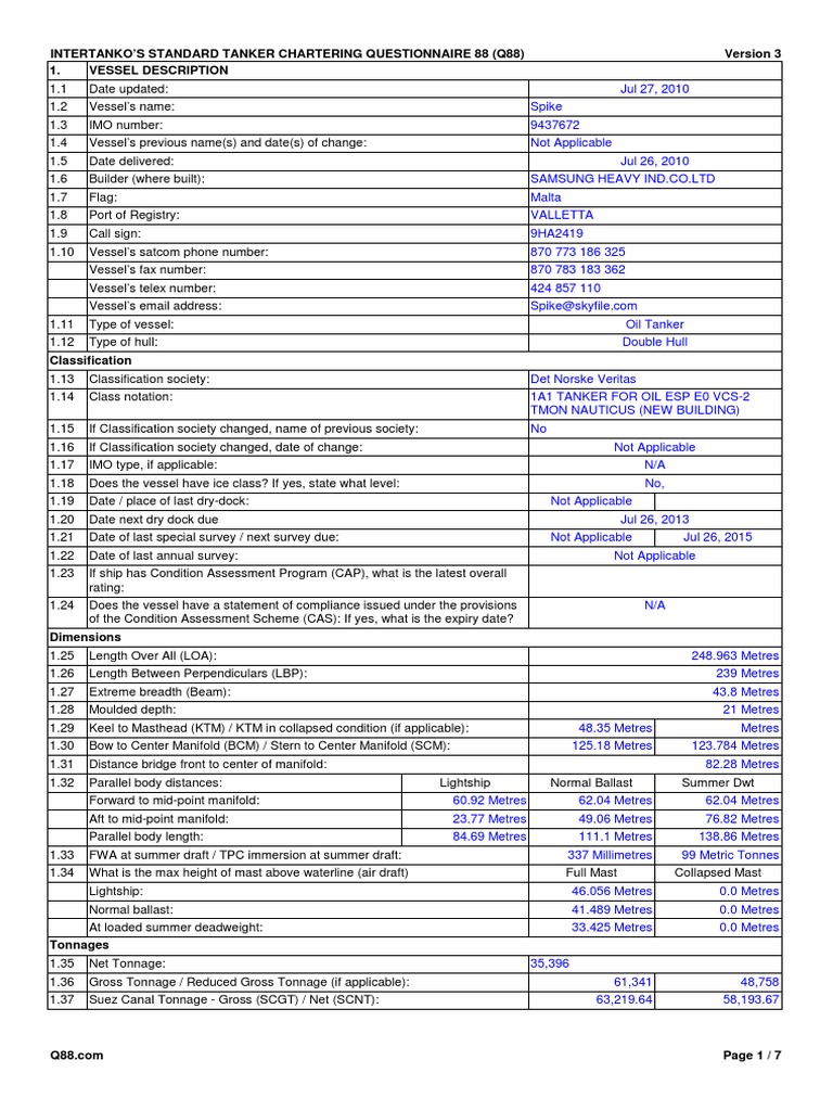 Q88 Details for Spike Oil Tanker | PDF | Tonnage | Shipbuilding