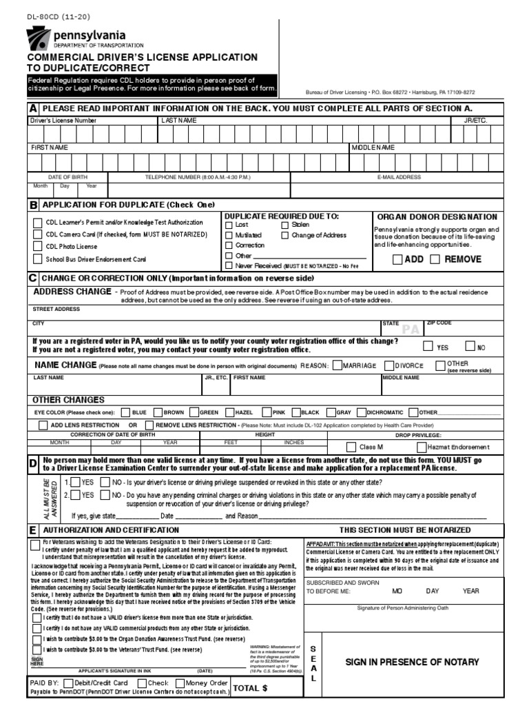 Commercial Driver'S License Application To Duplicate/Correct | PDF ...