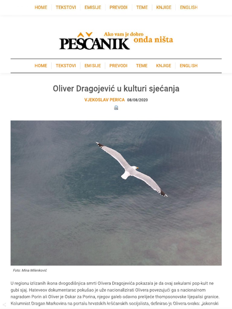 Oliver Dragojevic U Kulturi Sjecanja - Vjekoslav Perica - Pescanik - 08082020 | PDF