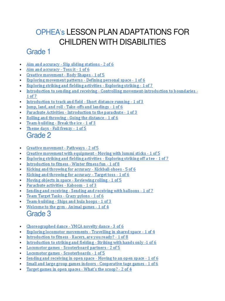 Ophea Lessonplan Adaptations For Children With Disabilities | PDF